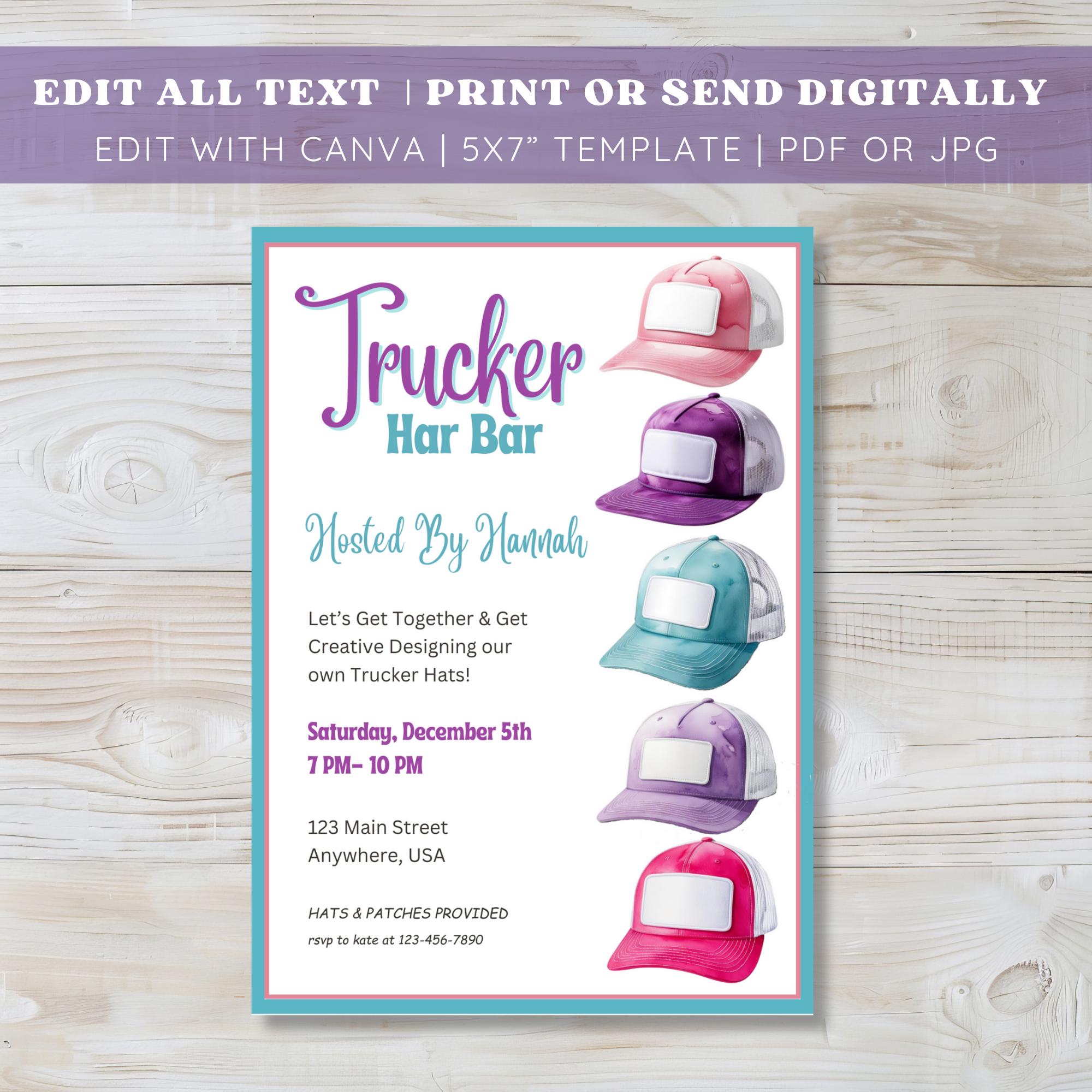 Editable Trucker Hat Bar Invitation Patch Party Birthday Invite Girls ...