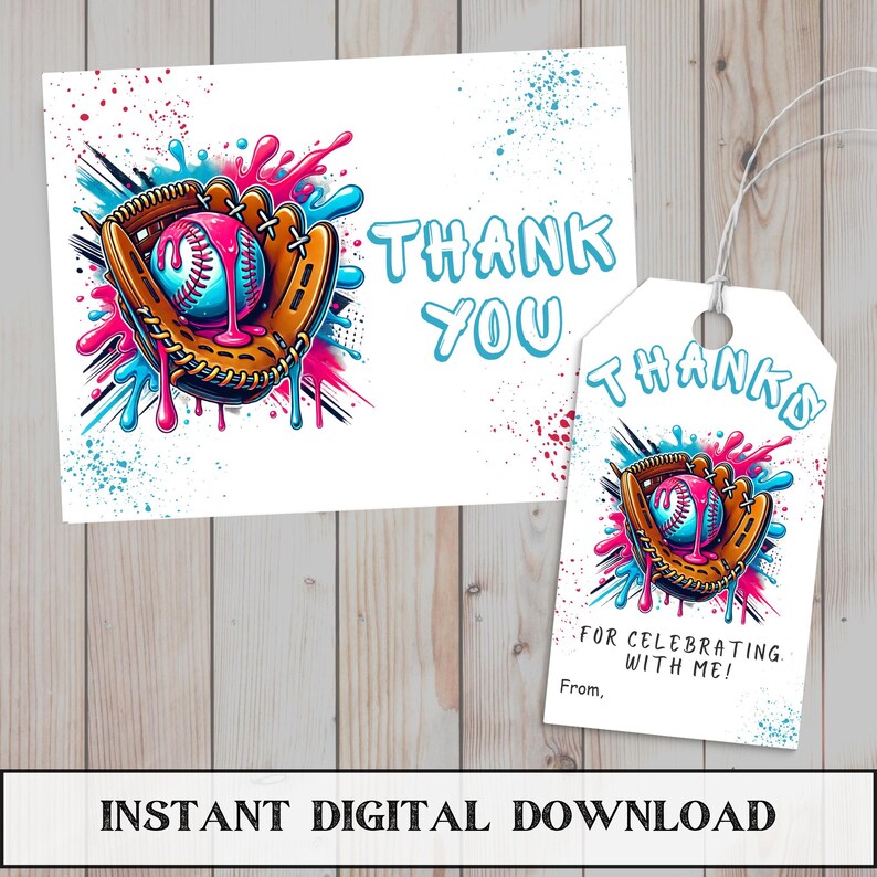 Baseball Drip Birthday Thank You Card Softball Party Favor Tag Neon Ice ...