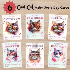 Printable Cat Valentines Day Cards for Kids, Kitty Classroom Valentines ...