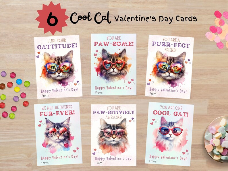 Printable Cat Valentines Day Cards for Kids, Kitty Classroom Valentines ...
