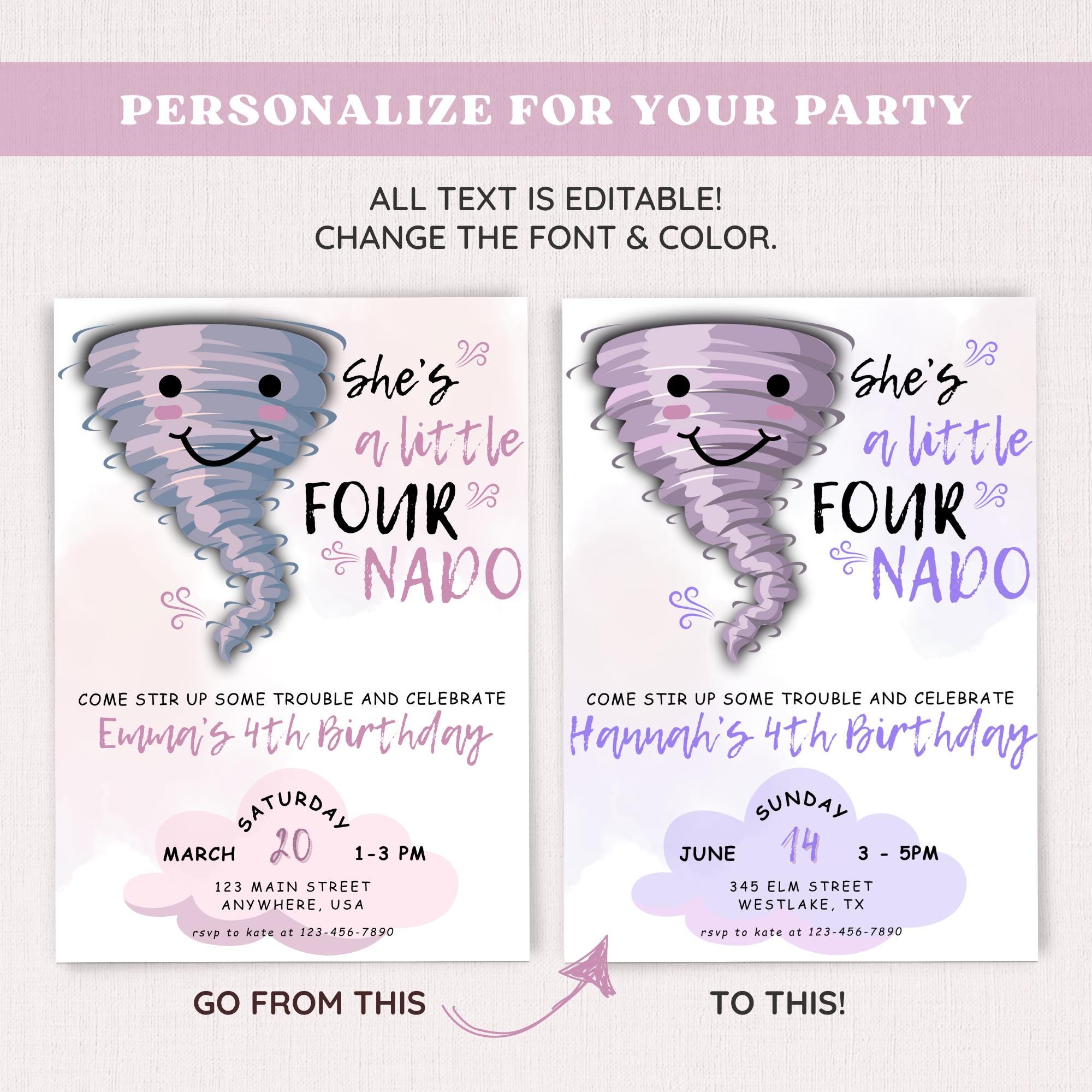 Editable Fournado Birthday Invitation Tornado Birthday Invite Girl ...