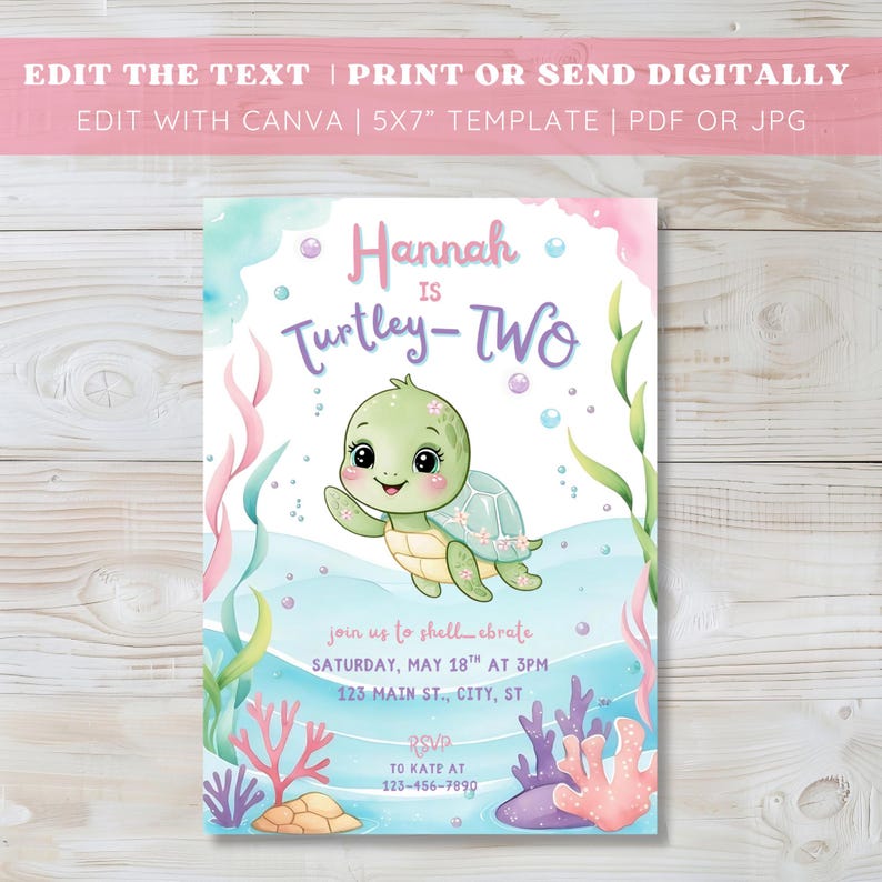 Editable Turtle Birthday Invitation Turtley Awesome Two Party Invite ...