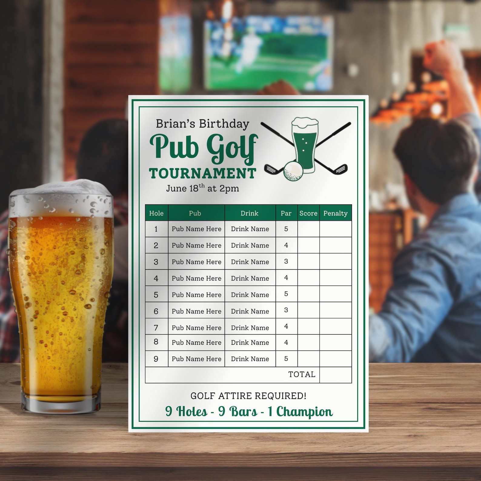 Editable Pub Golf Birthday Invitation and Score Card Golfing Bar Crawl ...