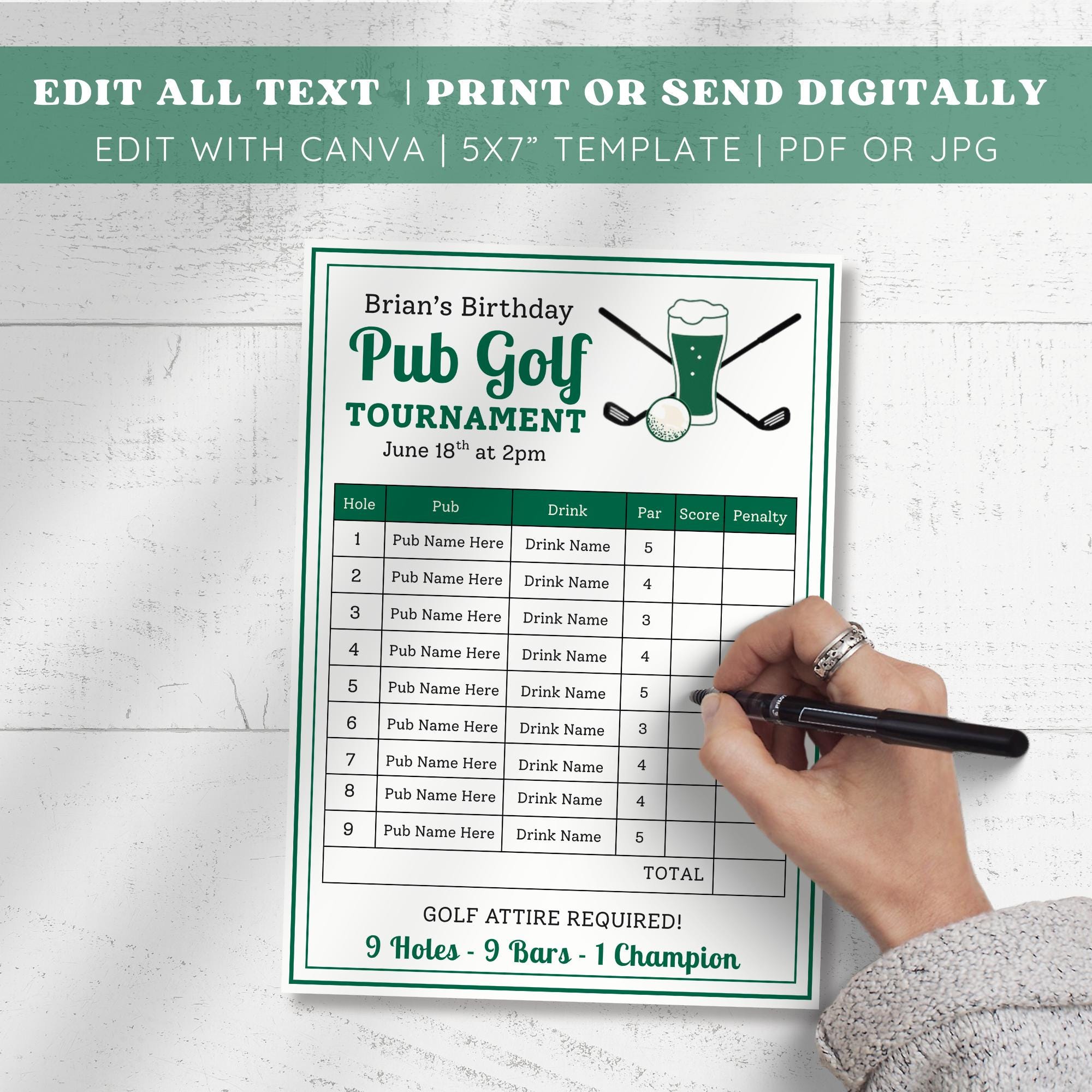 Editable Pub Golf Birthday Invitation and Score Card Golfing Bar Crawl ...