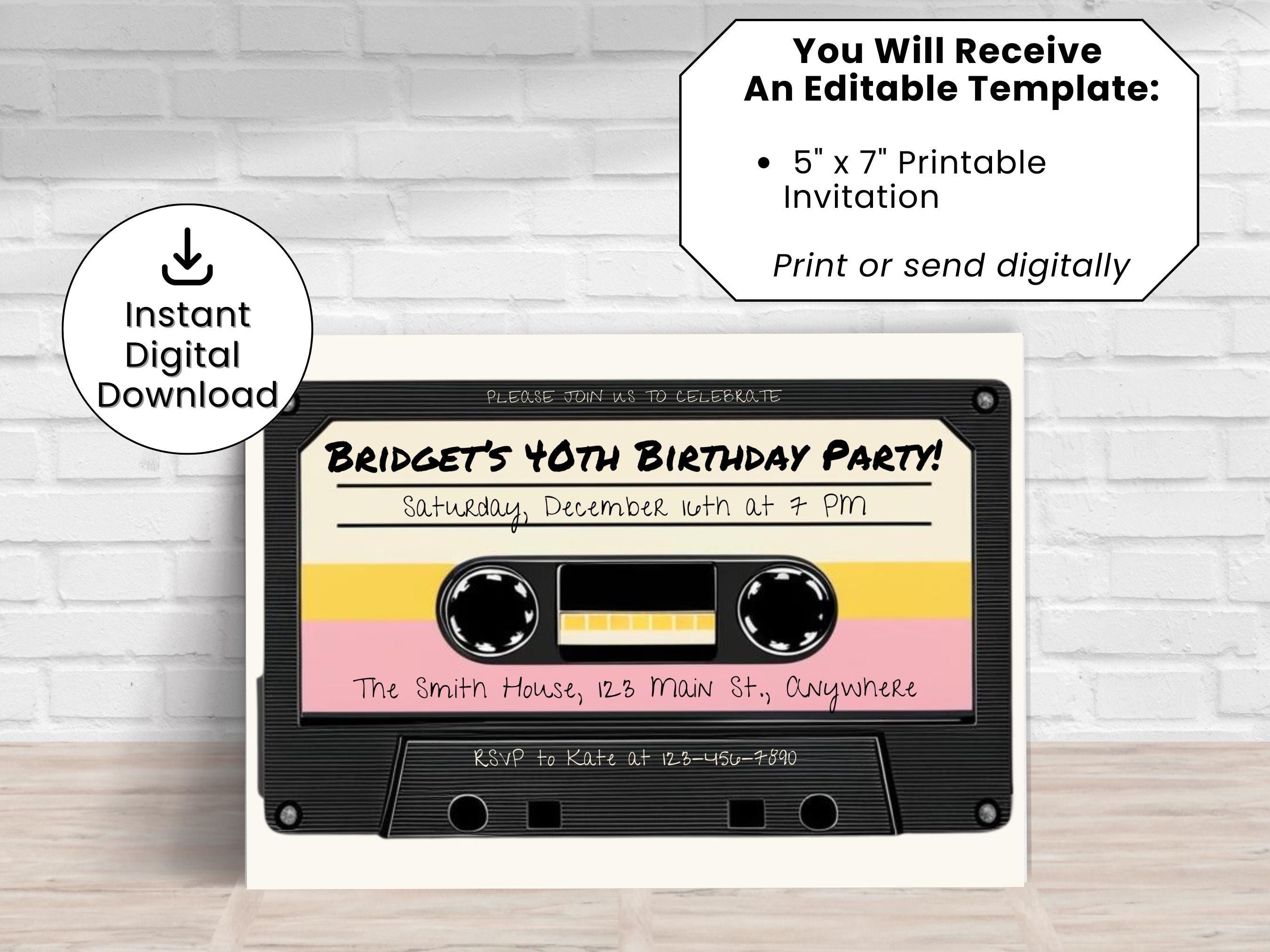 Editable Cassette Tape Invitation, Retro 40th Birthday Invitation ...