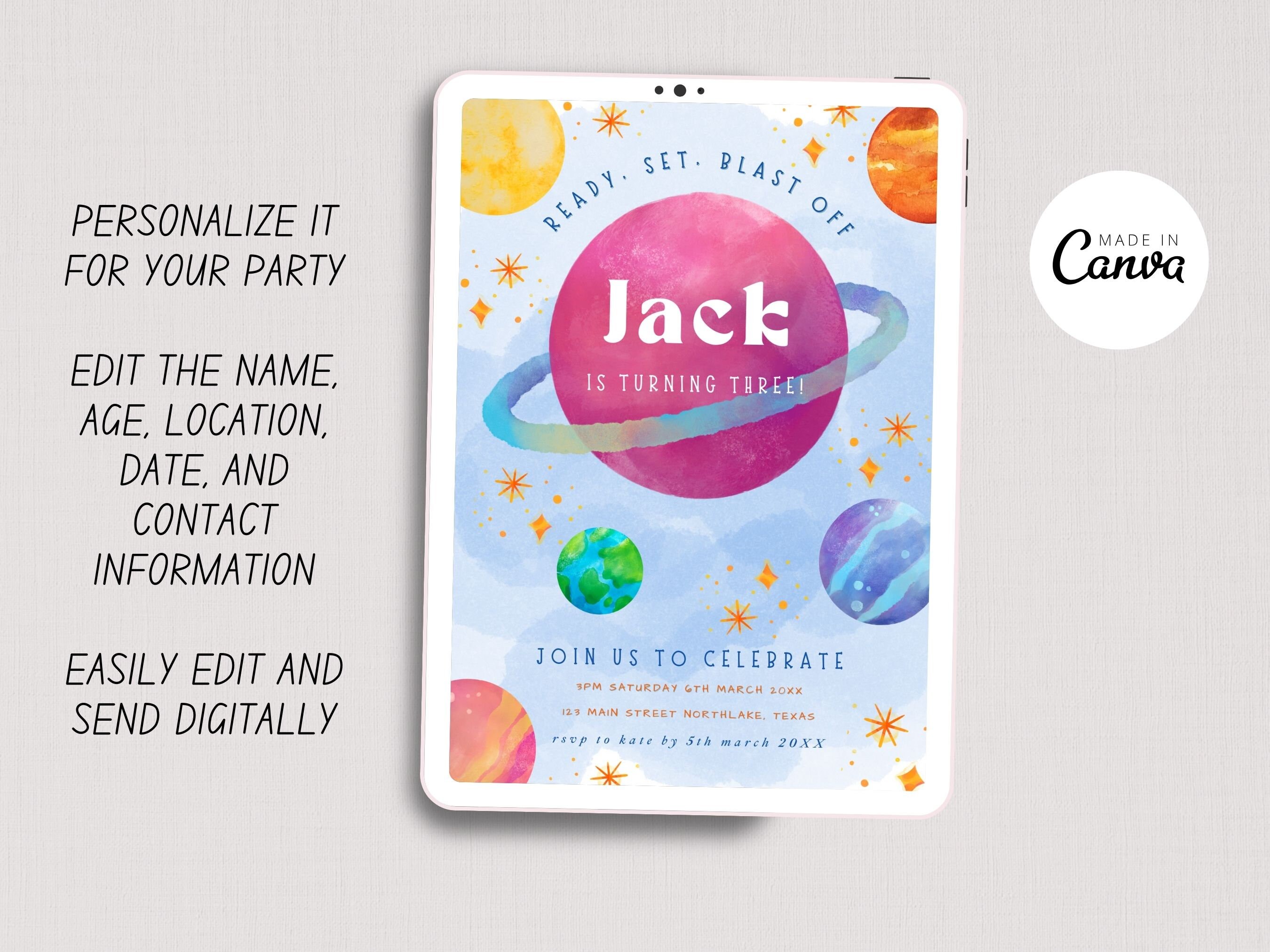 Digital Outer Space Birthday Invitation Template, Editable Planets ...