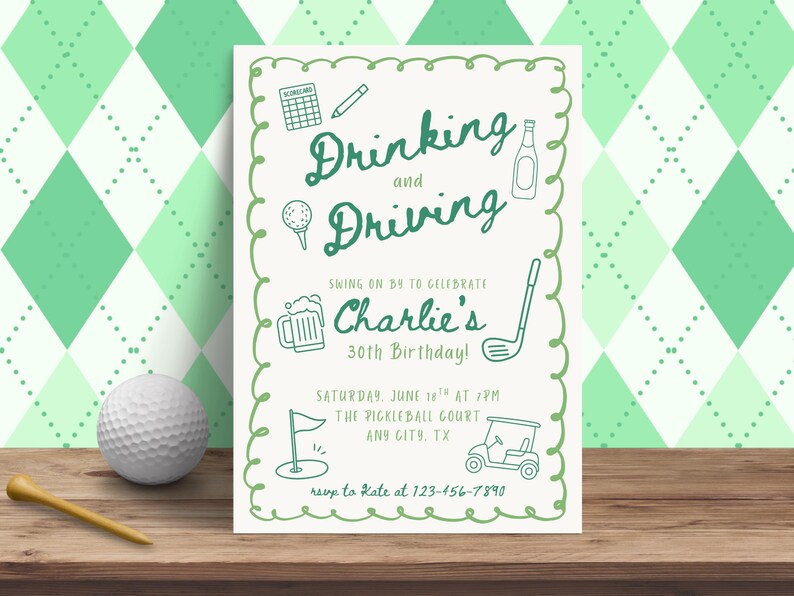 Editable Doodle Golf Birthday Invitation Hand Drawn Driving Range ...