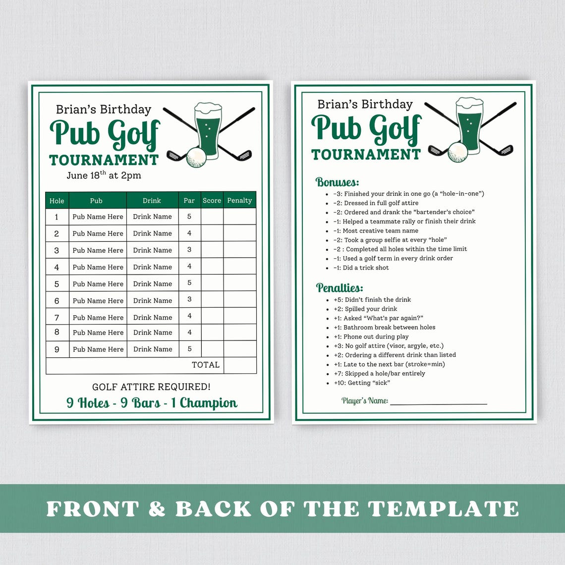 Editable Pub Golf Birthday Invitation and Score Card Golfing Bar Crawl ...