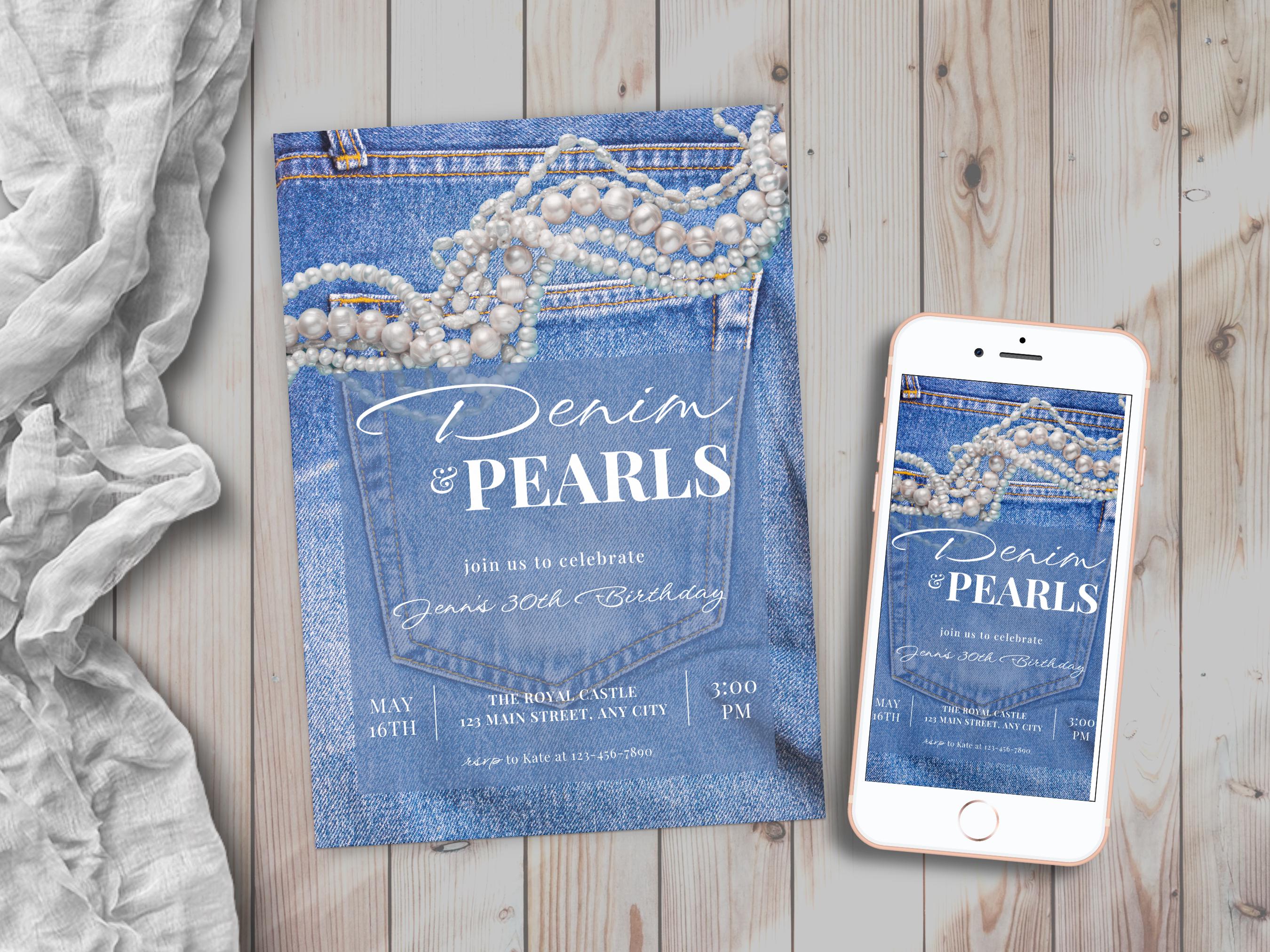 Editable Denim and Pearls Birthday Invitation, Digital Blue Jeans Theme ...