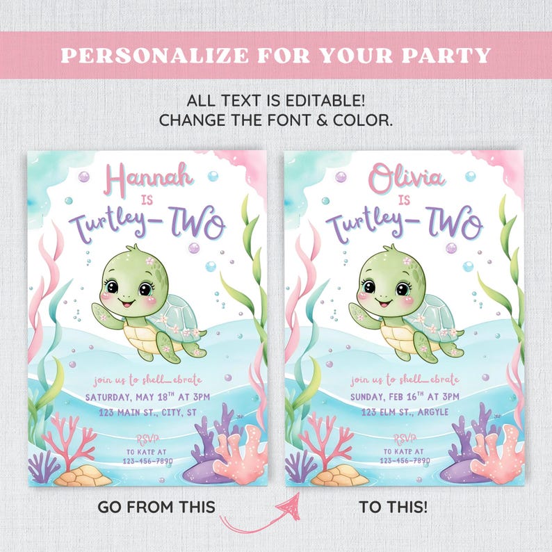 Editable Turtle Birthday Invitation Turtley Awesome Two Party Invite ...