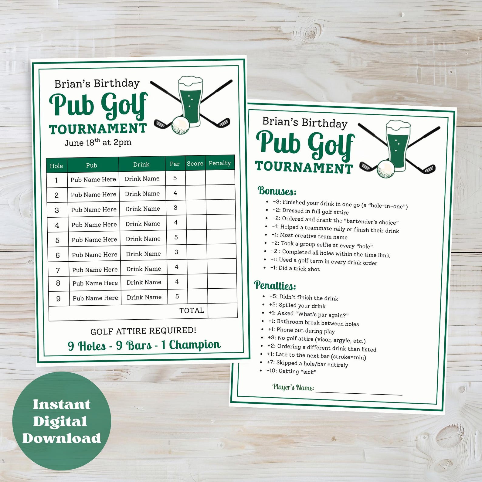 Editable Pub Golf Birthday Invitation and Score Card Golfing Bar Crawl ...