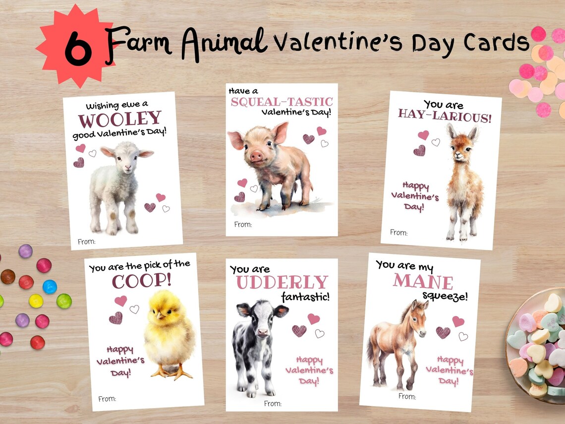 Printable Farm Animal Valentines Day Cards for Kids, Farm Classroom ...