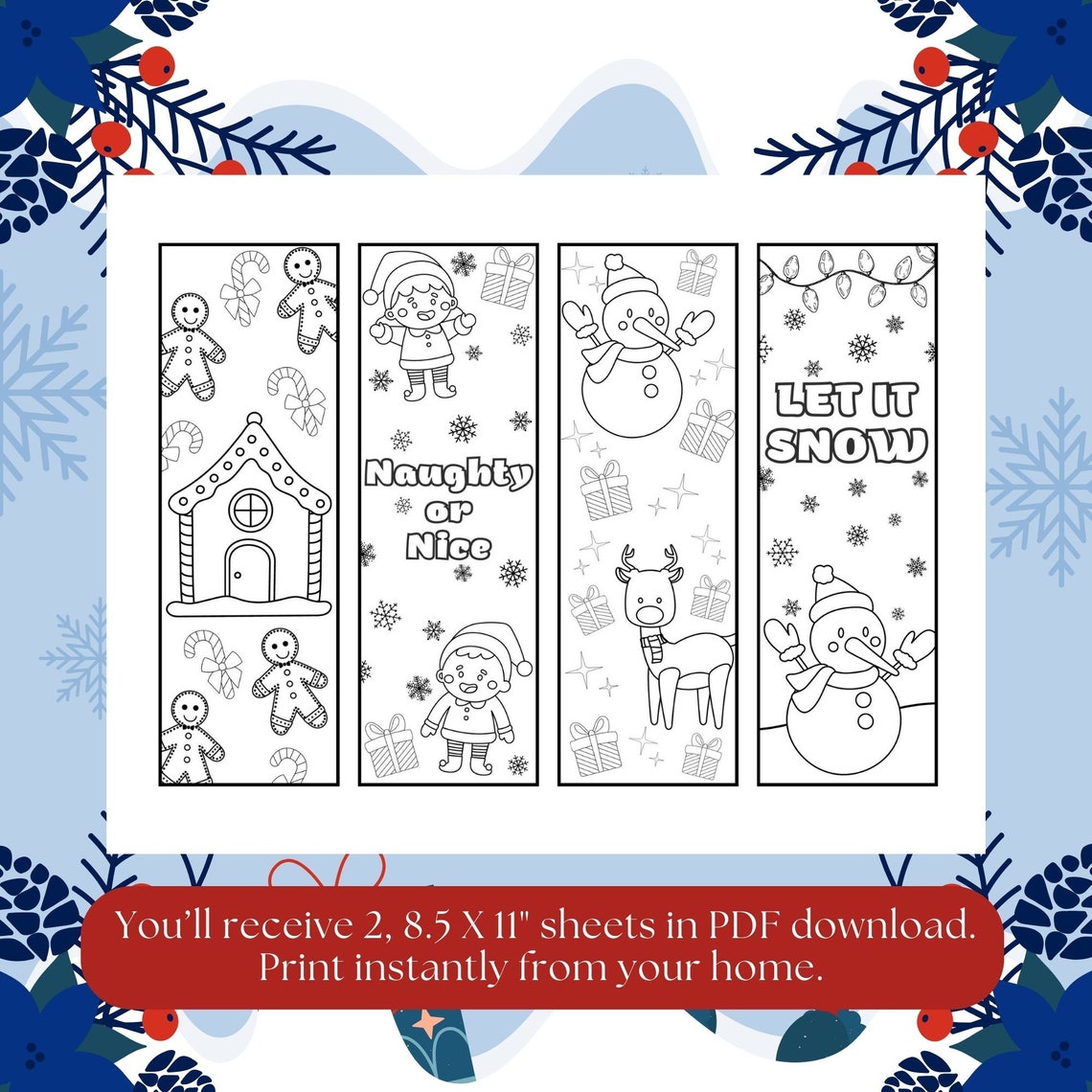8 Christmas Bookmarks for Kids, Printable Coloring Bookmarks, Christmas ...