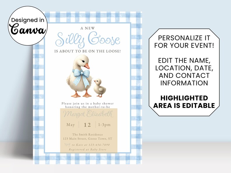 Gender Neutral Gingham Goose Baby Shower Invitation, Editable Silly ...