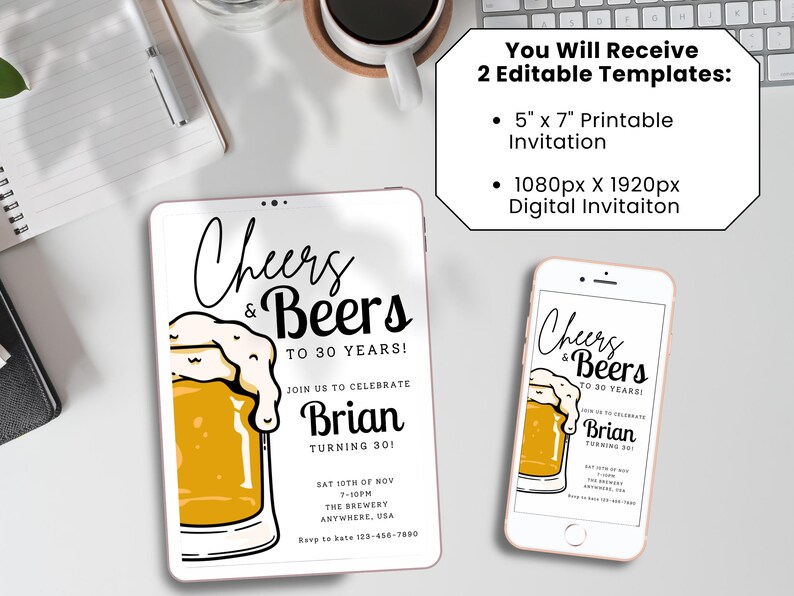 Editable Cheers and Beers Invitation Template, Beer Theme Birthday ...