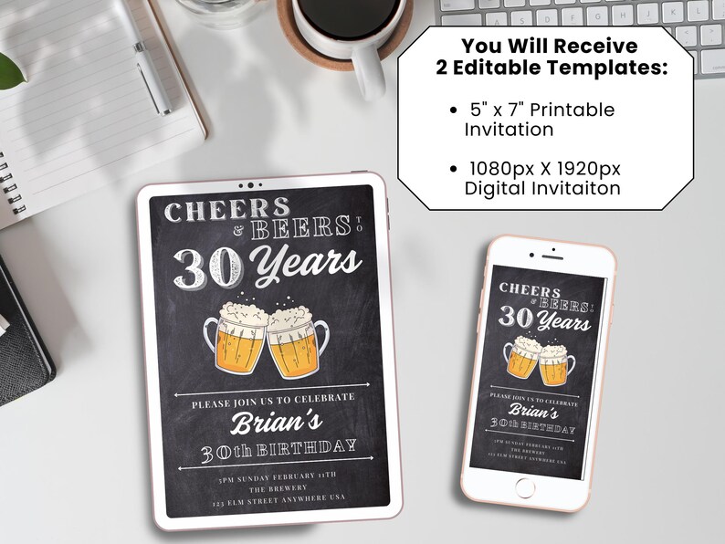 Editable Cheers and Beers Invitation Template, Beer Theme Birthday Invite, 30 40 50 Years ANY ...