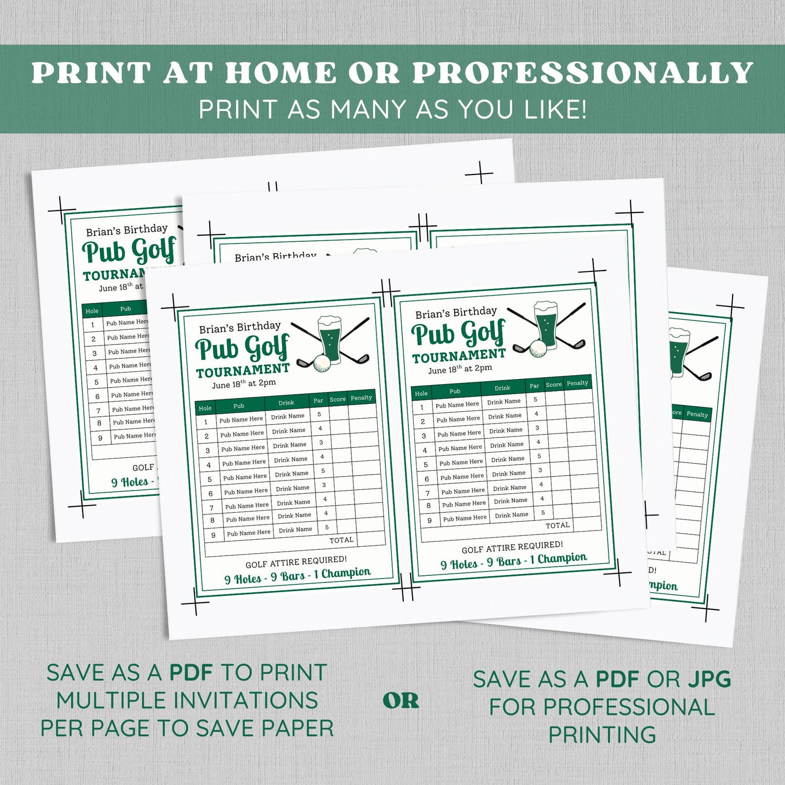 Editable Pub Golf Birthday Invitation and Score Card Golfing Bar Crawl ...