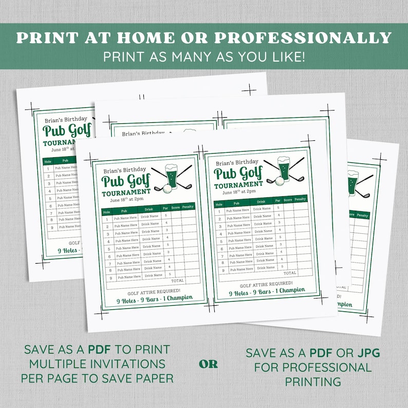 Editable Pub Golf Birthday Invitation and Score Card Golfing Bar Crawl ...