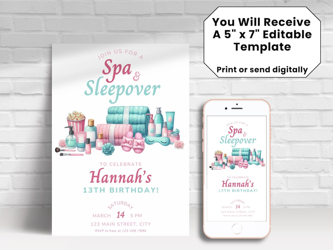 Spa Sleepover Birthday Invitation: Glam Pamper Party (digital Download ...