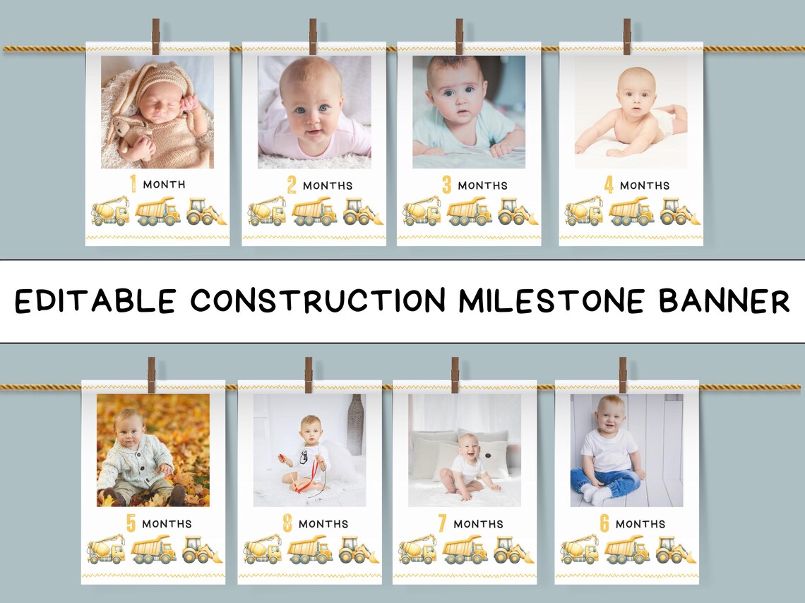 Editable Construction Theme Birthday Milestone Banner Template, Dump ...