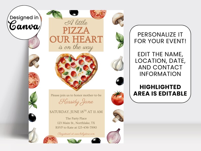 Editable Pizza Our Heart Baby Shower Invitation Pizza and Pacifiers ...