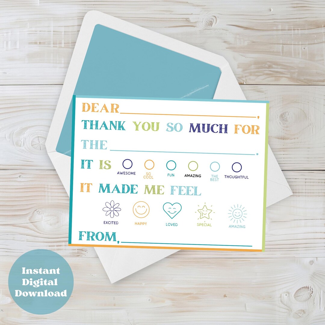 Printable Kids Thank You Cards Fill in the Blank Birthday Party Notes ...
