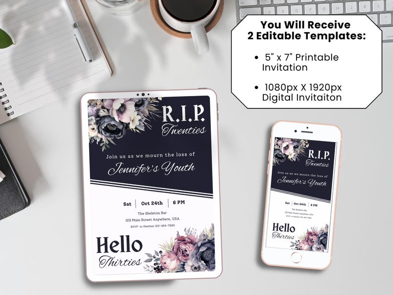 RIP 20s 30th Birthday Invitation: Gothic Floral Theme (digital Download ...