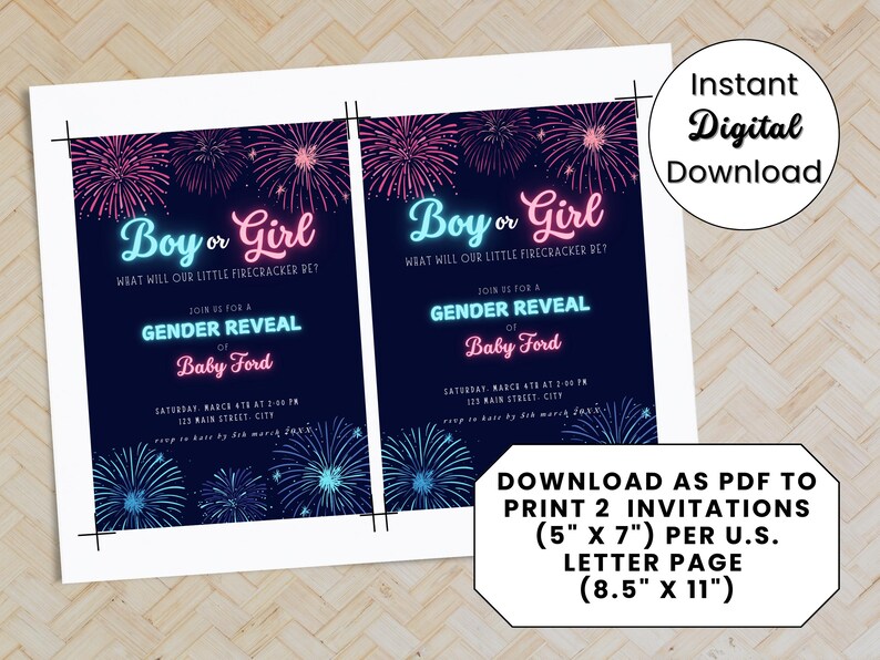 Firework Gender Reveal Invitation: Editable Firecracker Template ...