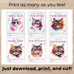 Printable Cat Valentines Day Cards for Kids, Kitty Classroom Valentines ...
