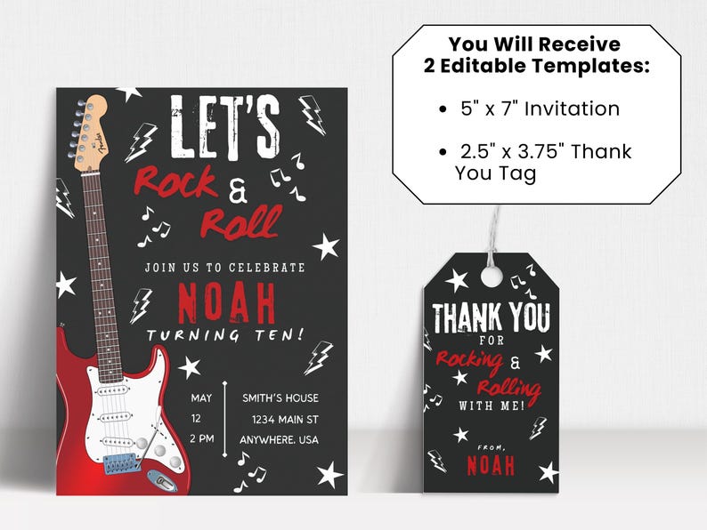 Rock and Roll Birthday Invitation: Guitar Rockstar Theme (digital ...