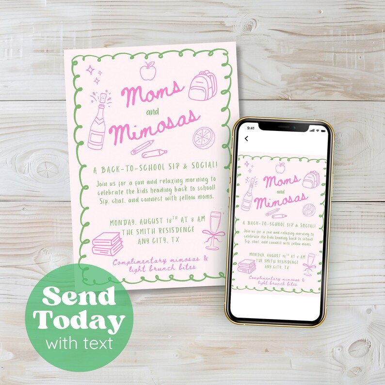 Editable Moms and Mimosas Invitation Mother Back to School Bash Invite ...