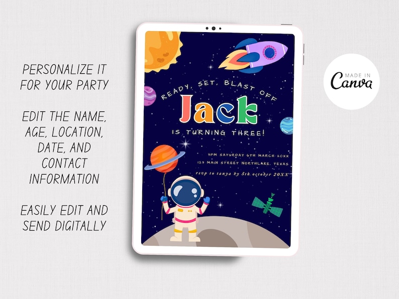Digital Outer Space Birthday Invitation Template, Editable Planets ...