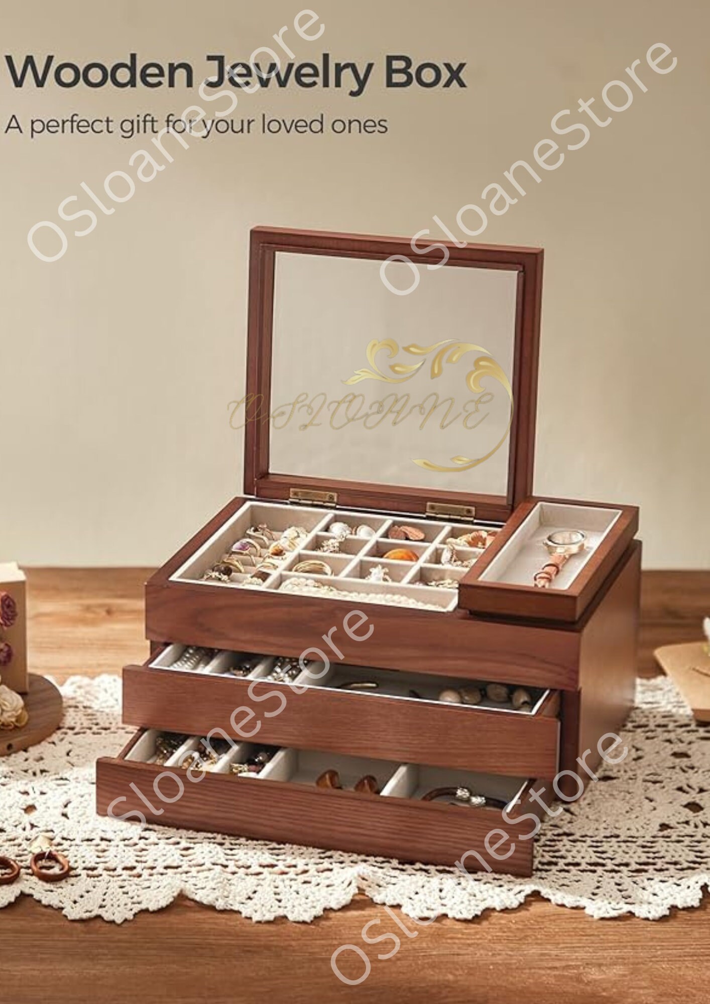 Wooden Rustic Jewelry Box Jewelry Organizer Large With Key Case Lock ...