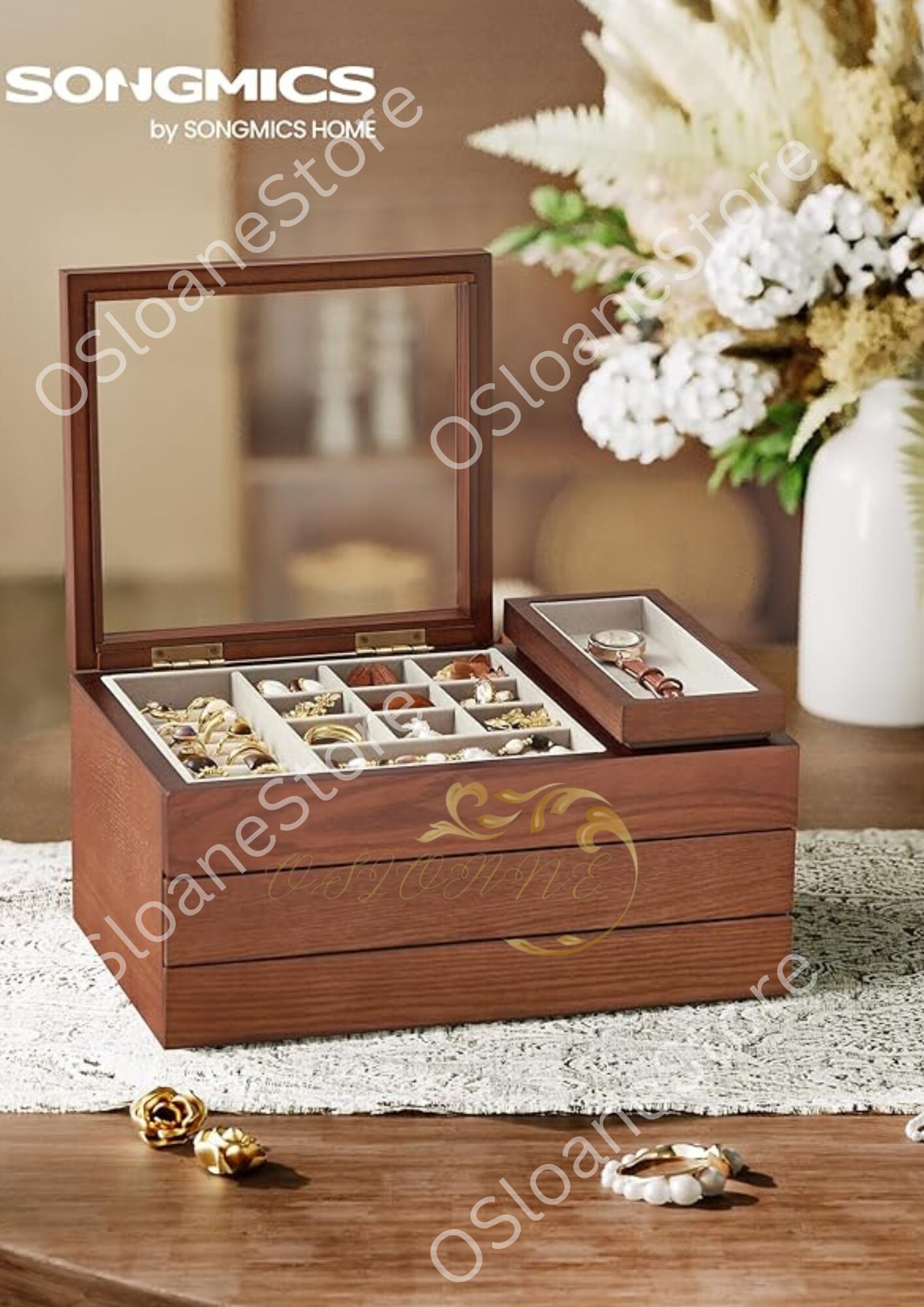 Wooden Rustic Jewelry Box Jewelry Organizer Large With Key Case Lock ...