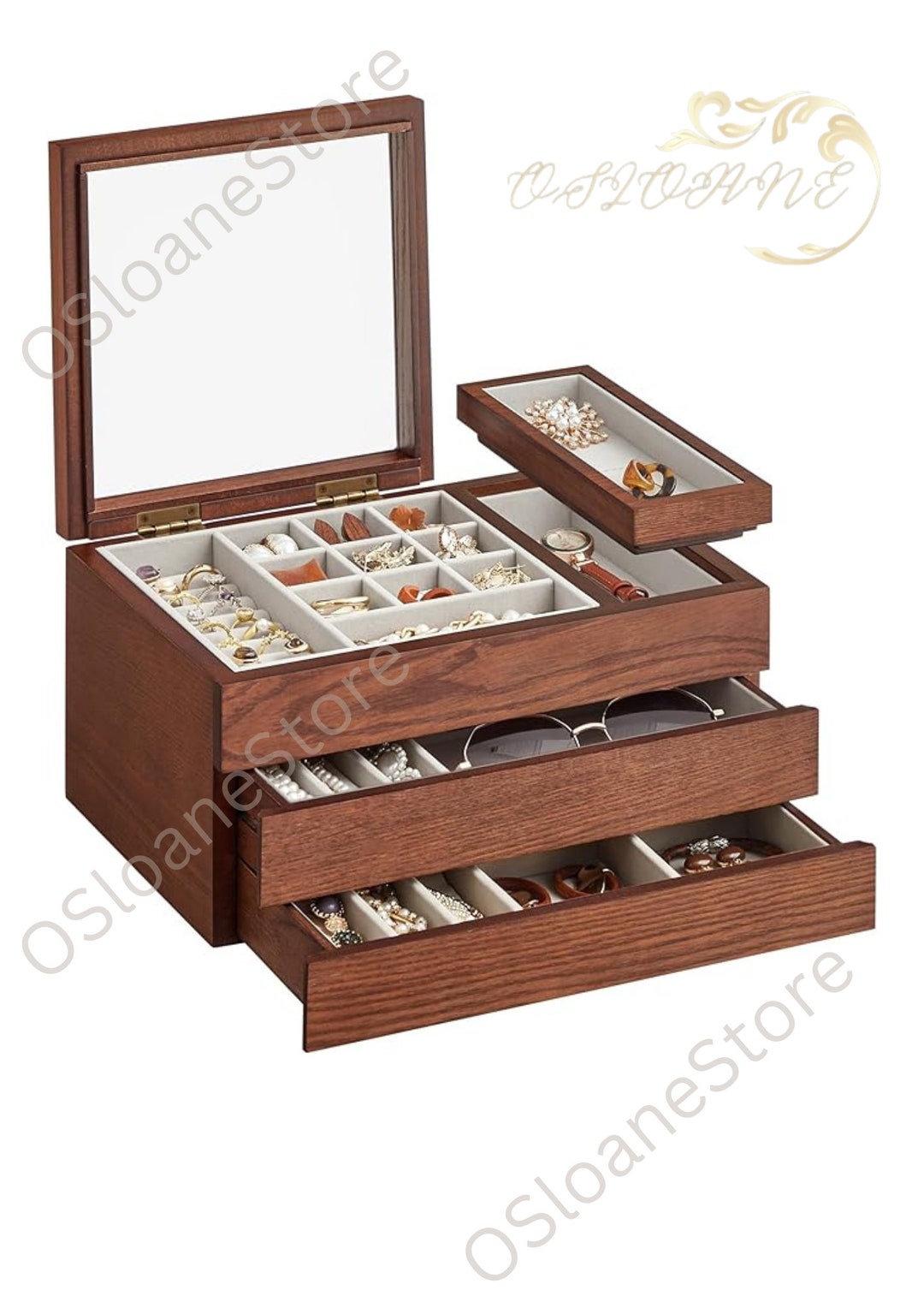 Wooden Rustic Jewelry Box Jewelry Organizer Large With Key Case Lock ...