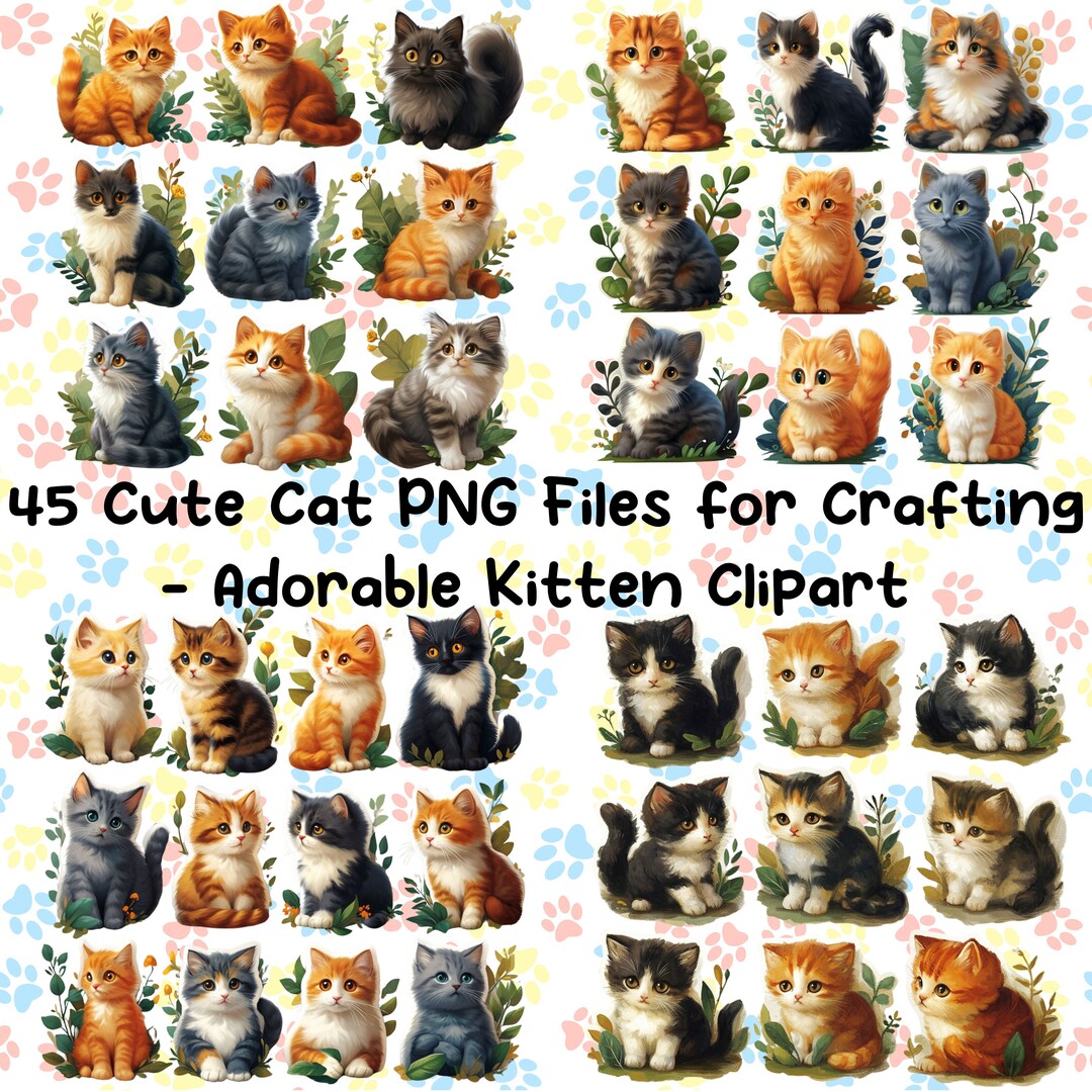45 Cute Cat PNG Files for Crafting Adorable Kitten Clipart for Sticker ...