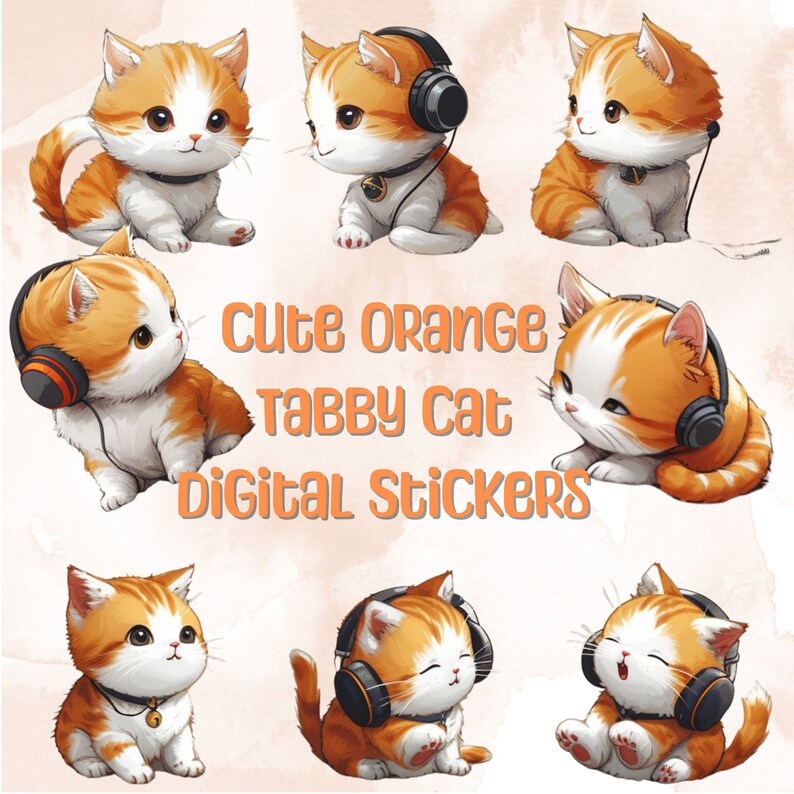 Cute Orange Tabby Cat Digital Stickers Transparent Background PNG ...
