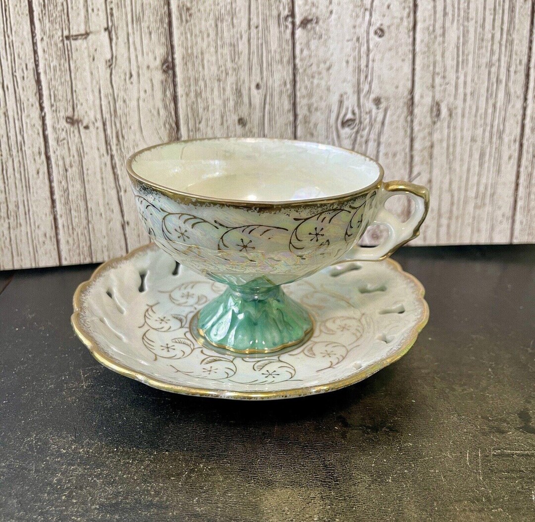 ENESCO Vintage 1960s Lusterware Footed Cup Reticulated Saucer Light ...