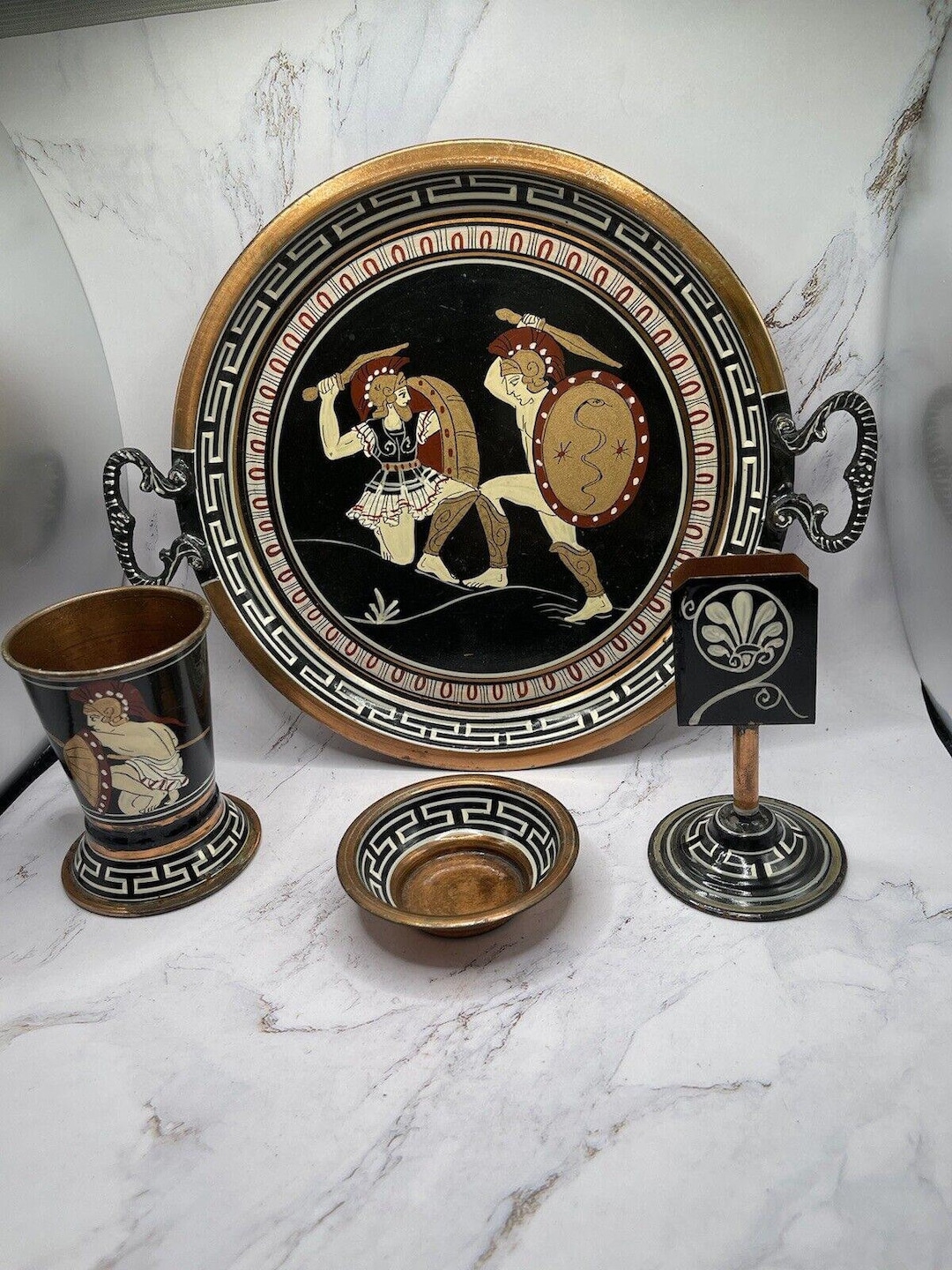 Vintage Greece Copper Hand Painted Serving Set Tray Cup Dish Napkin ...