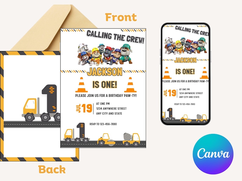 Rubble and Crew 1st Birthday Invitation Boy Digital Invite Editable ...