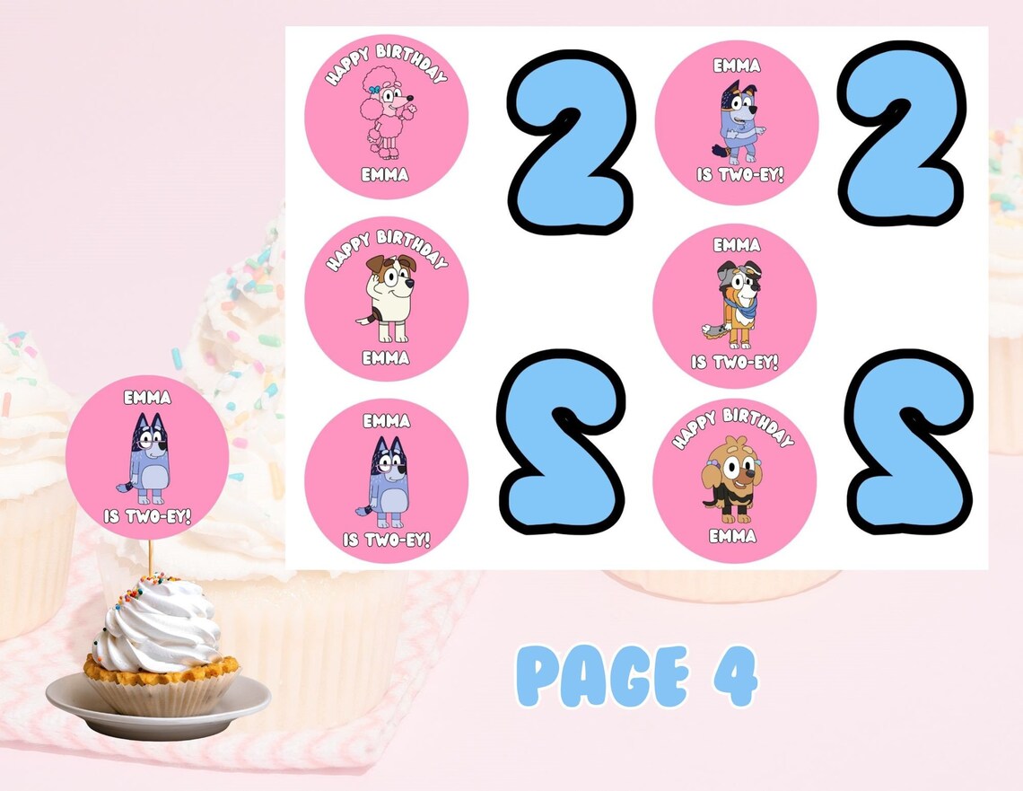 Girl Bluey Two-ey Birthday Cupcake Toppers Bluey Party Decor Digital ...