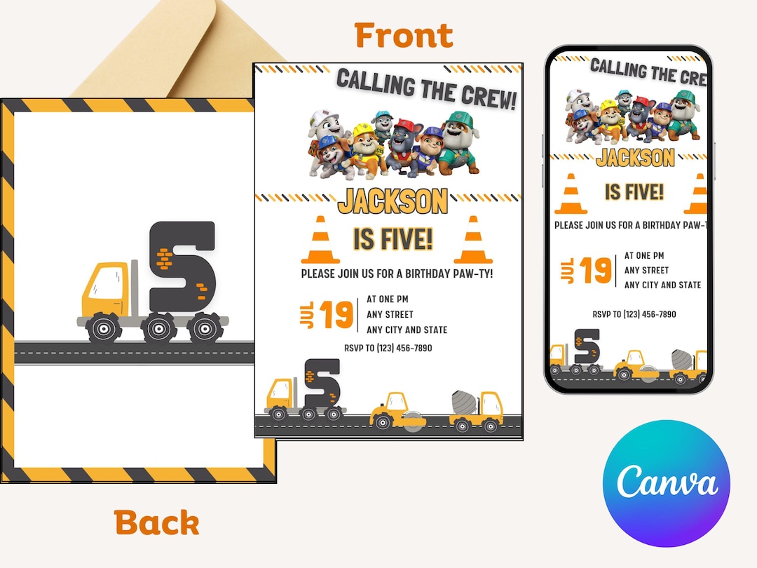 Rubble and Crew 5th Birthday Invitation Boy Digital Invite Editable ...