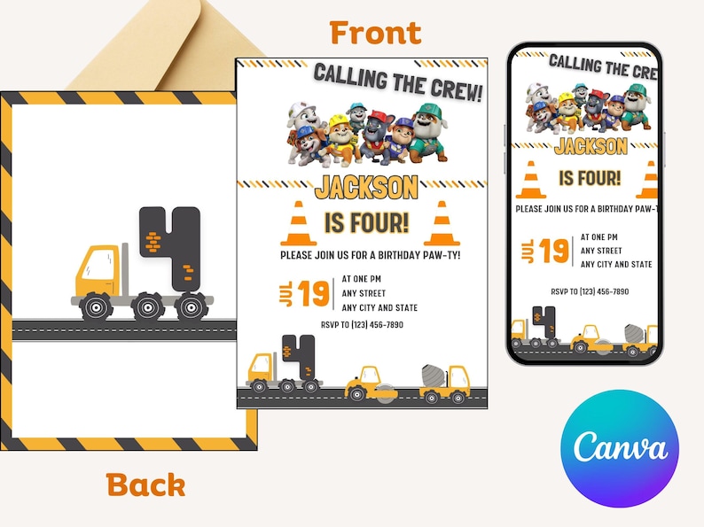 Rubble and Crew 4th Birthday Invitation: Editable Digital Template ...