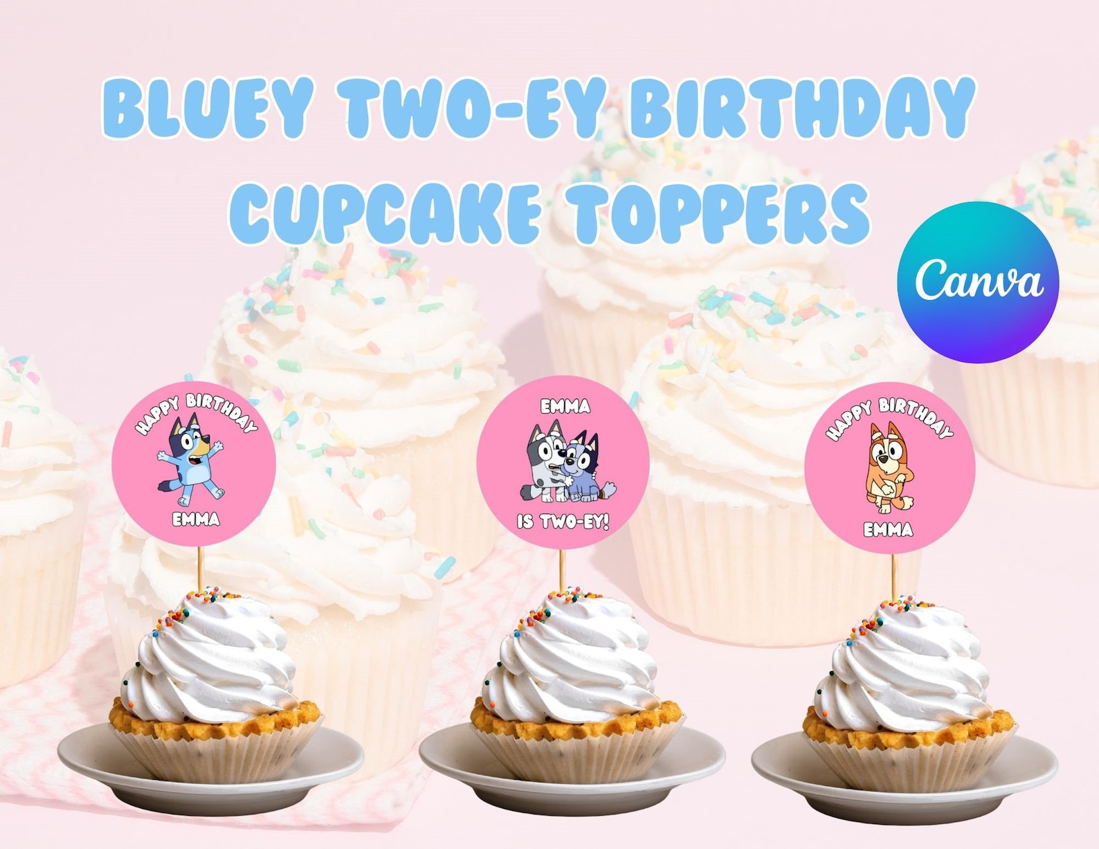 Girl Bluey Two-ey Birthday Cupcake Toppers Bluey Party Decor Digital ...