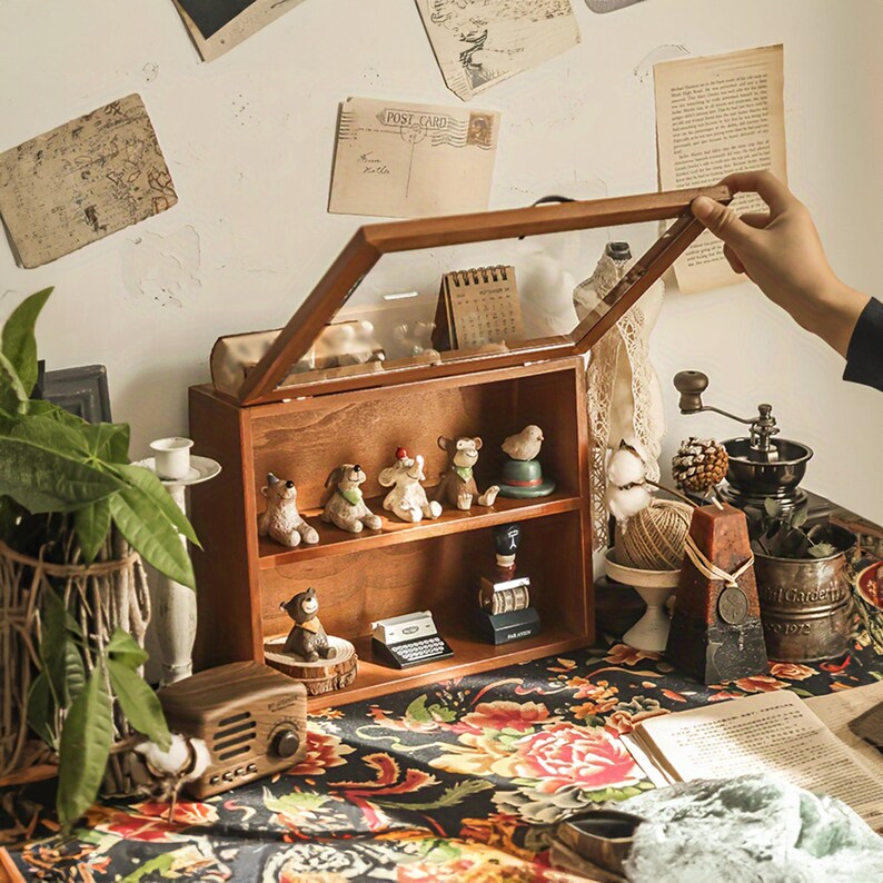 Vintage Wooden Doll Storage Rack With Flip Cover, Dustproof Action ...