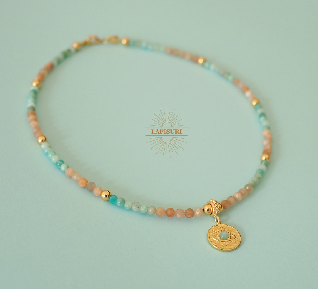 Amazonite & Peach Moonstone Beaded Necklace With Evil Eye Pendant. Gold ...