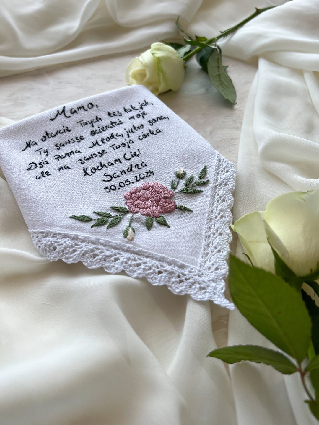 Personalized Hand-embroidered Wedding Handkerchief With Floral Design ...