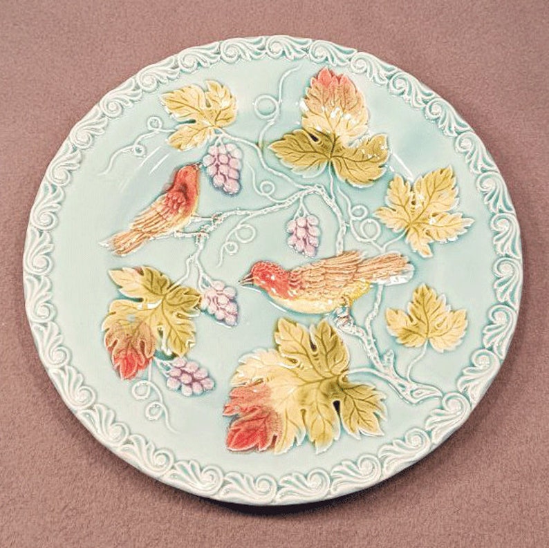 Vintage Majolica Birds Plate Robins Egg Blue Purple Grapes Germany Tin ...