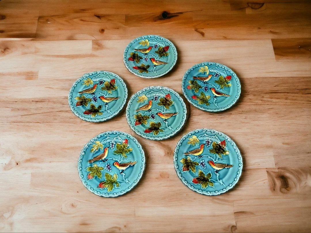 G S Zell Pottery Majolica Plate Birds and Berries in Turquoise Blue by ...