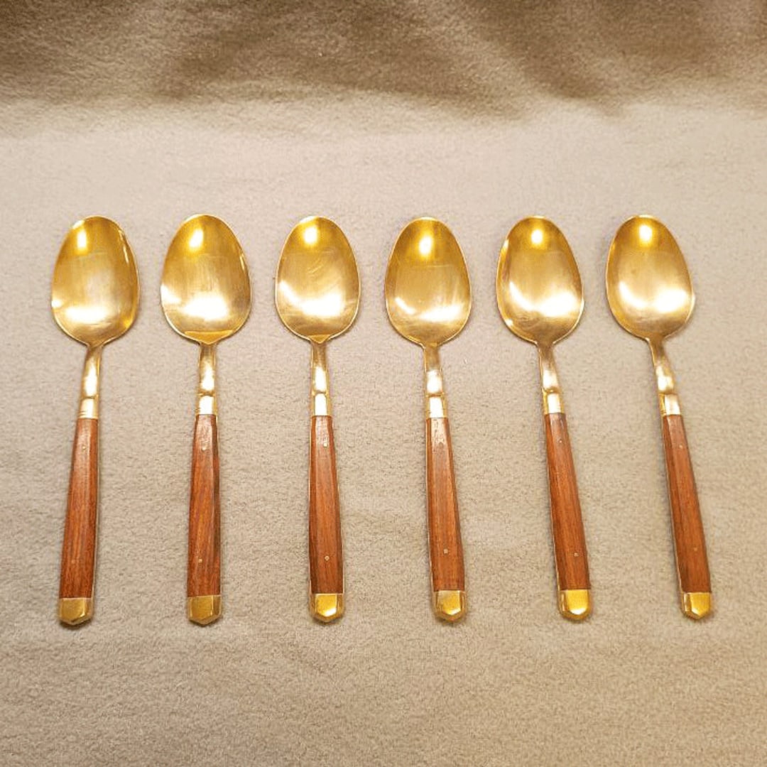 Vintage Thai Rosewood and Brass Spoons, Set of 6 - Etsy